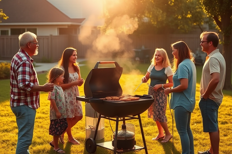 Family Gathering in the Backyard: Enjoying a Summer Barbecue at Sunset