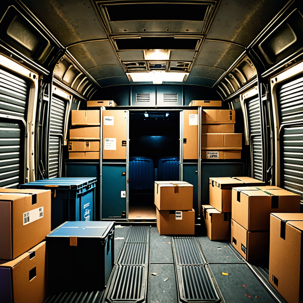 inside the back of messy transit box van boxes, rubbish dimly lit ...
