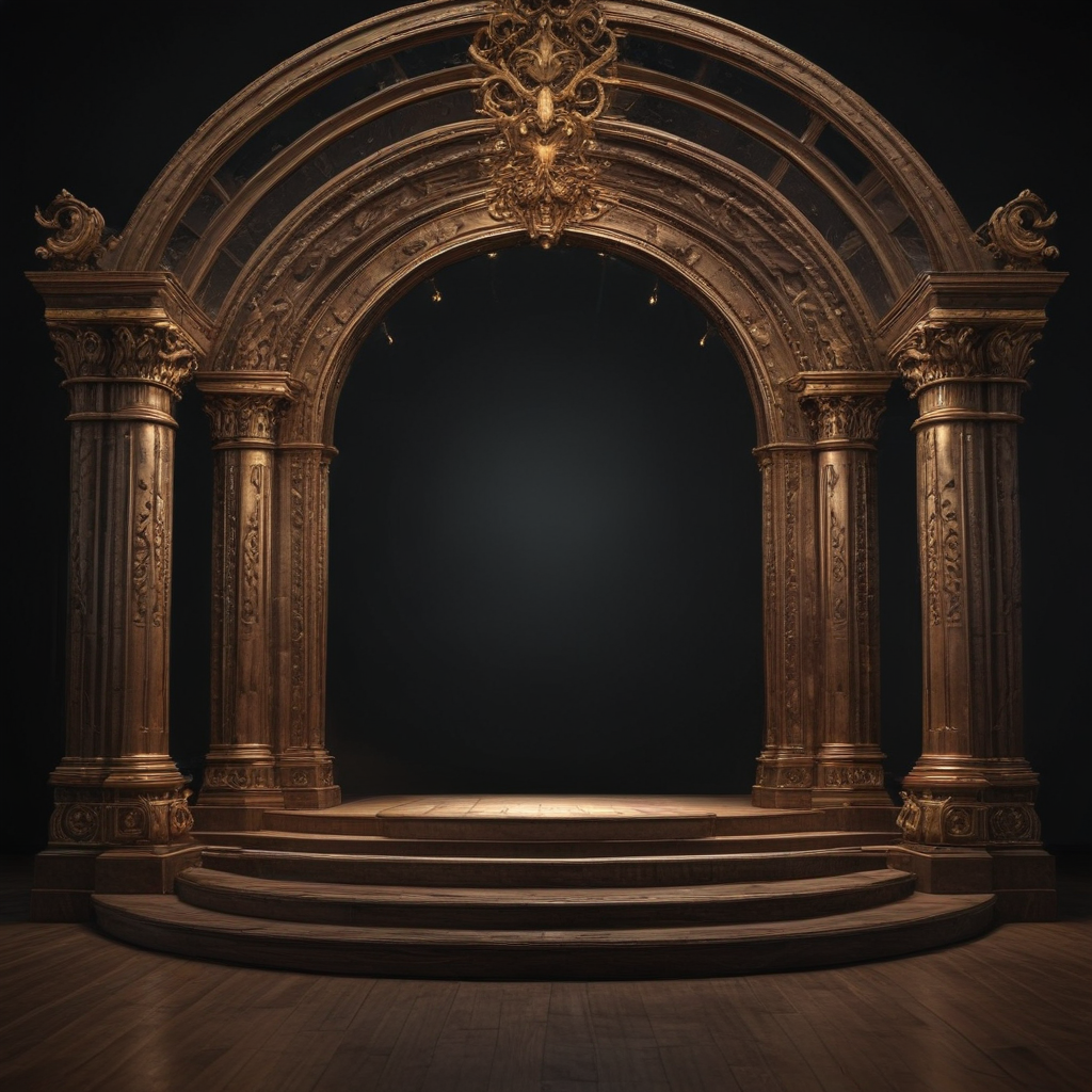 Elegant Golden Archway with Intricate Details in a Dimly Lit Space