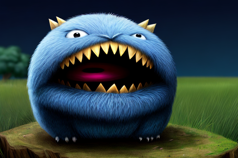 fluffy cute monster with teeth sleeping outside at night dark