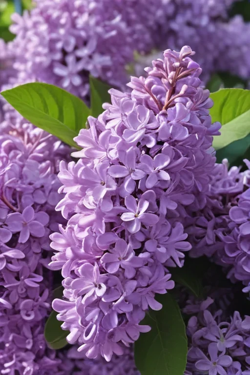 Vibrant Lilac Blooms Surrounded by Lush Green Leaves in Springtime Garden