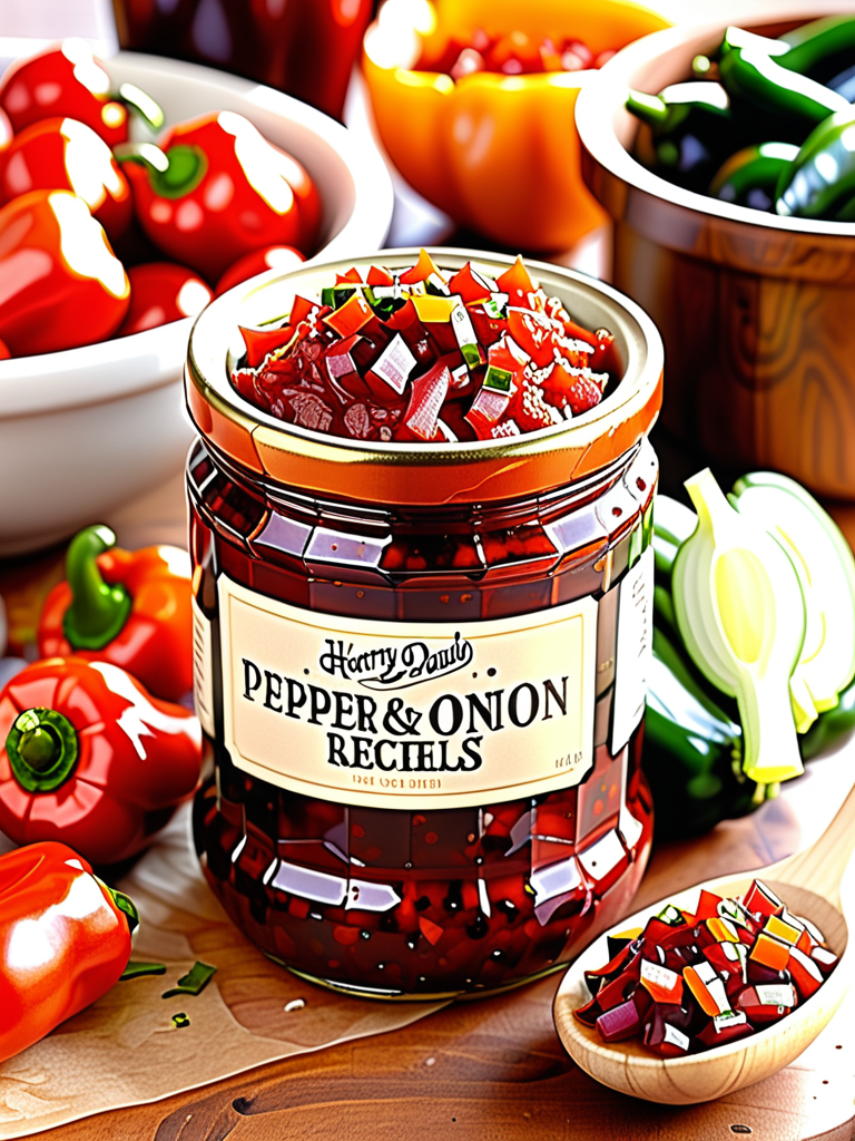 Colorful Jar of Pepper and Onion Relish Surrounded by Fresh Vegetables