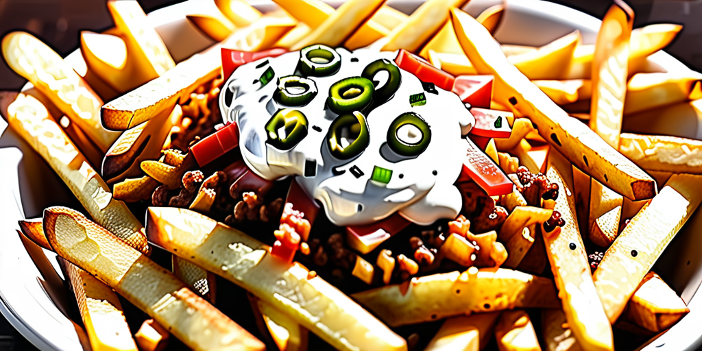 Delicious Plate of Loaded French Fries Topped with Sour Cream and Olives.