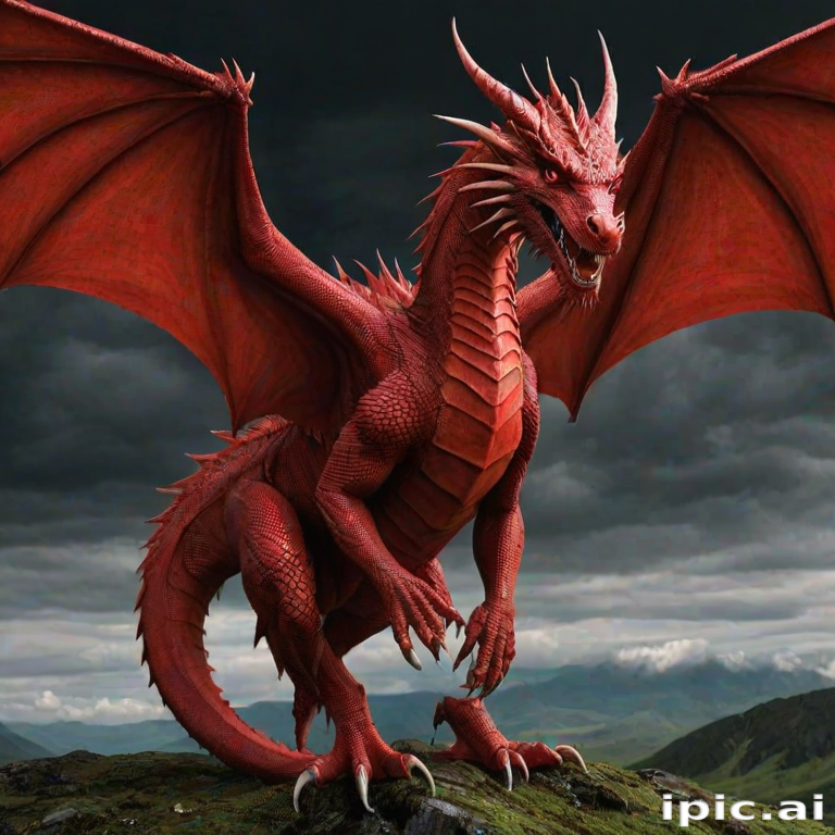 Majestic Red Dragon Standing Proudly Against a Dark Stormy Sky Background