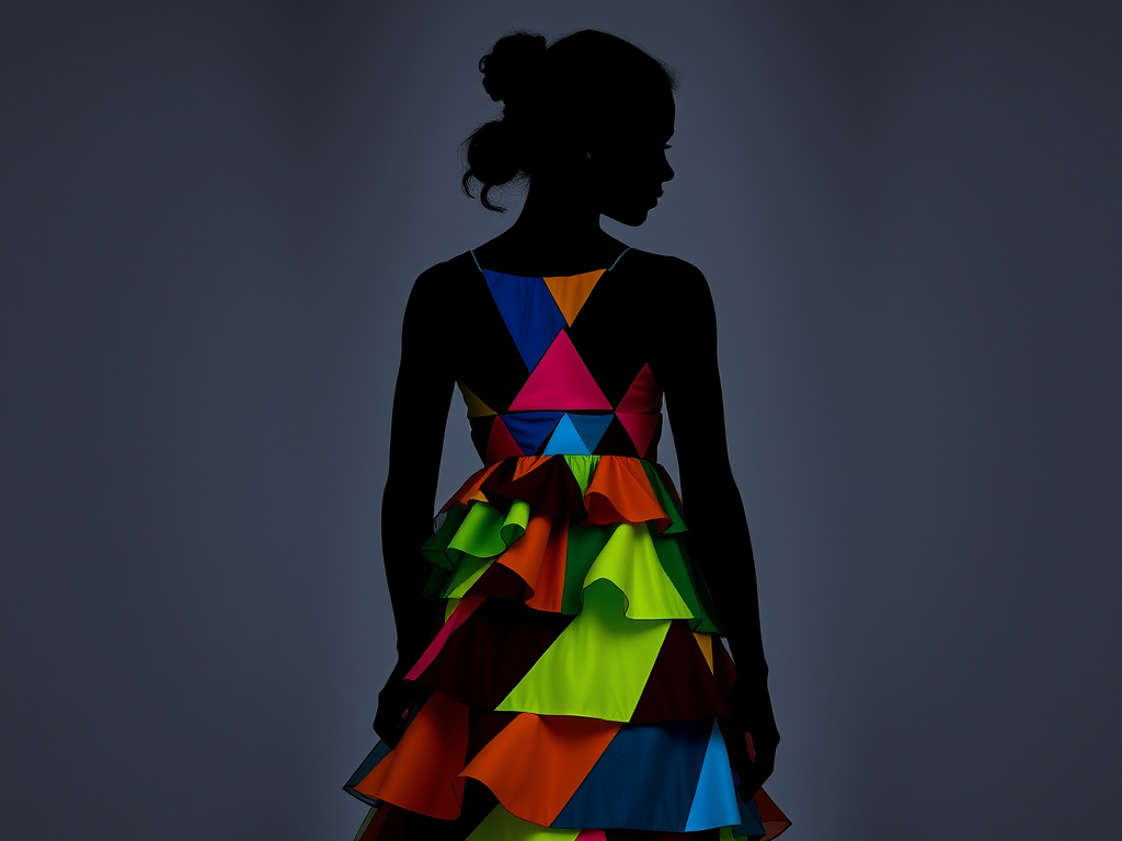 Vibrant Silhouette of a Model in a Colorful Geometric Dress Design