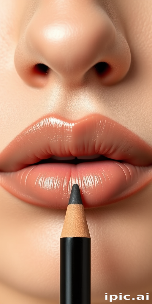 Close-Up of Glossy Lips Being Carefully Outlined with a Lip Pencil