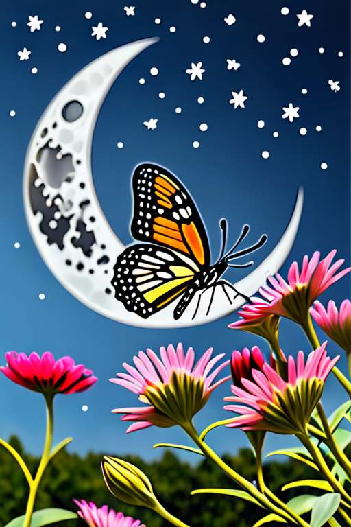 a butterfly on the moon and with flowers