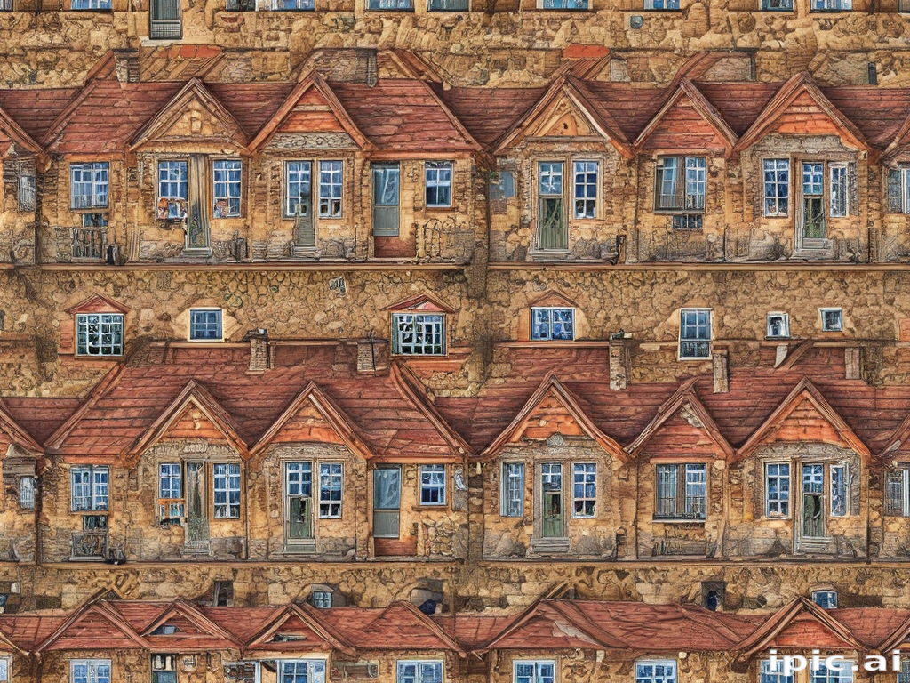 Charming Row of Vintage Stone Houses with Red Roofs and Windows.