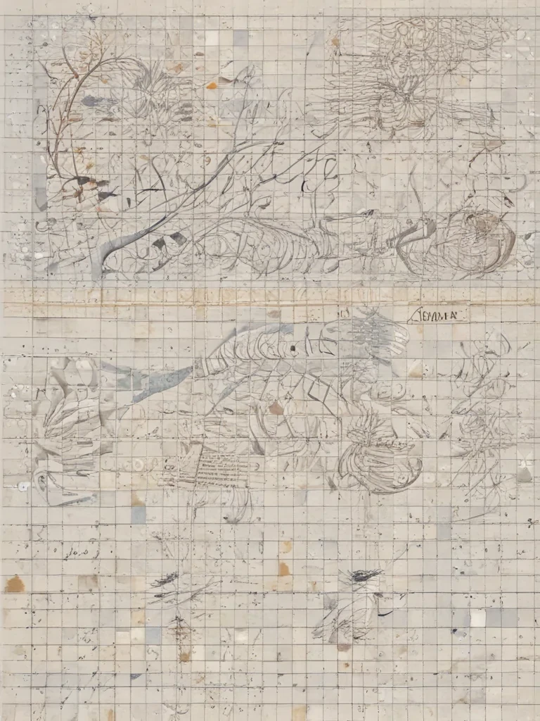 Intricate Grid Artwork Blending Nature and Abstract Patterns in Soft Hues