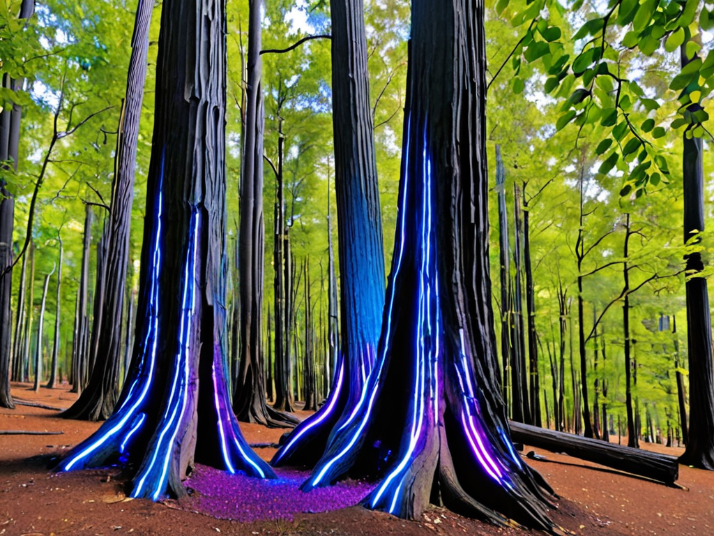 Single tree with glowing dark blue logs with light purple crystals ...