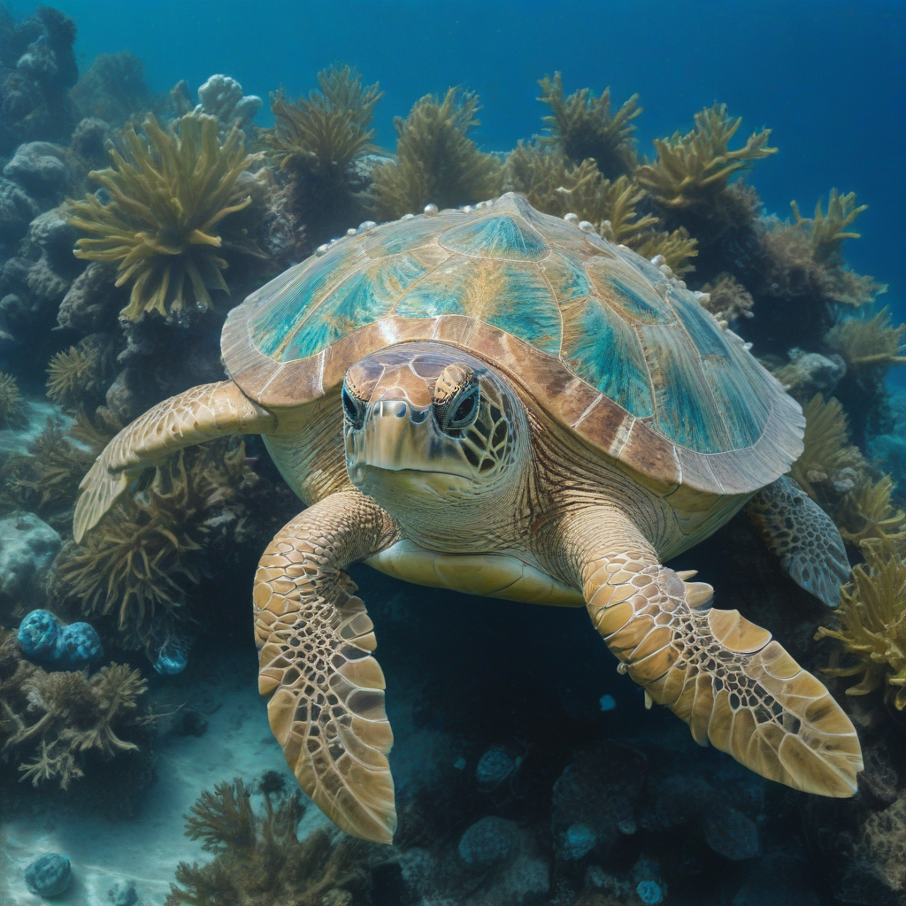 One shining golden-colored sea-turtle made from many precious pearls ...