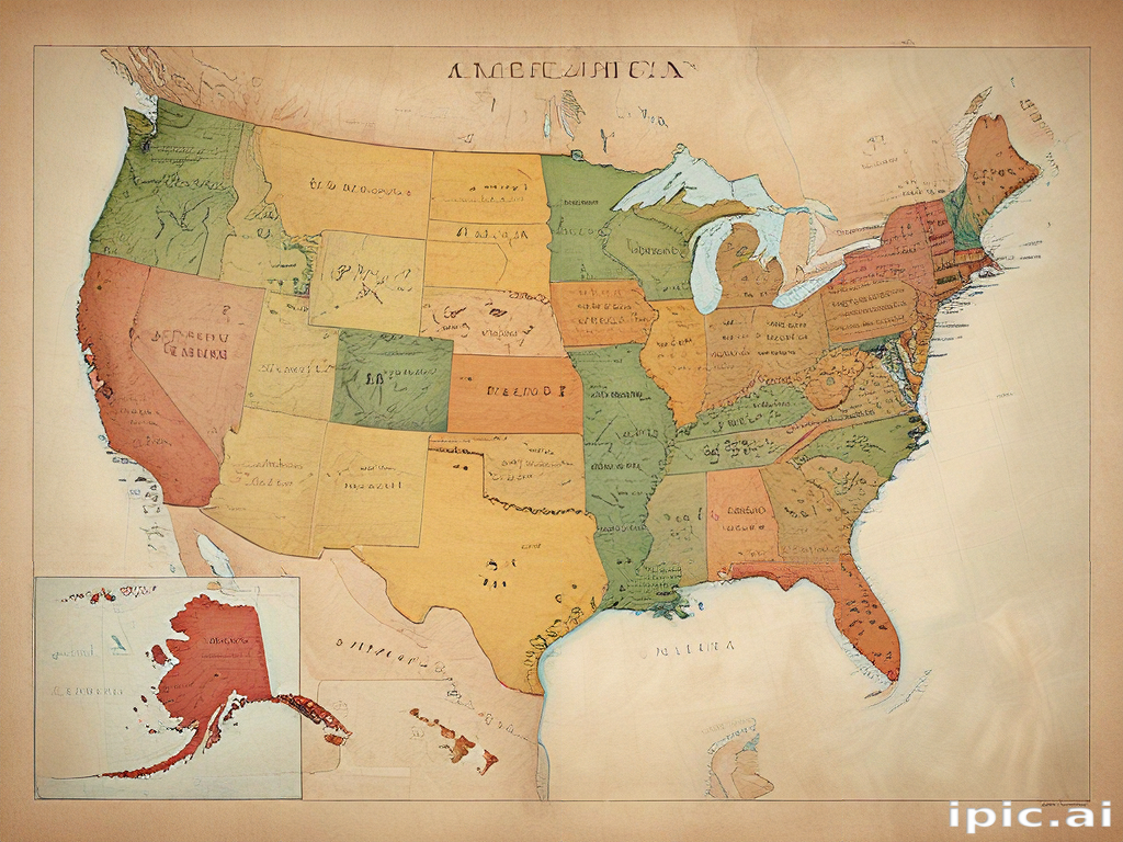 Historical Map of the United States Highlighting State Boundaries and ...