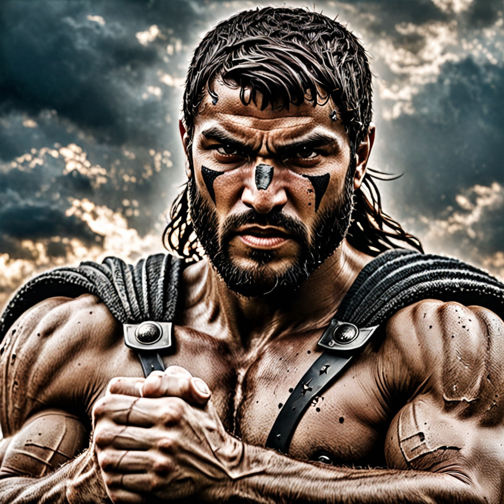 realistic portrait of an ancient Spartan Warrior with scars showing his ...