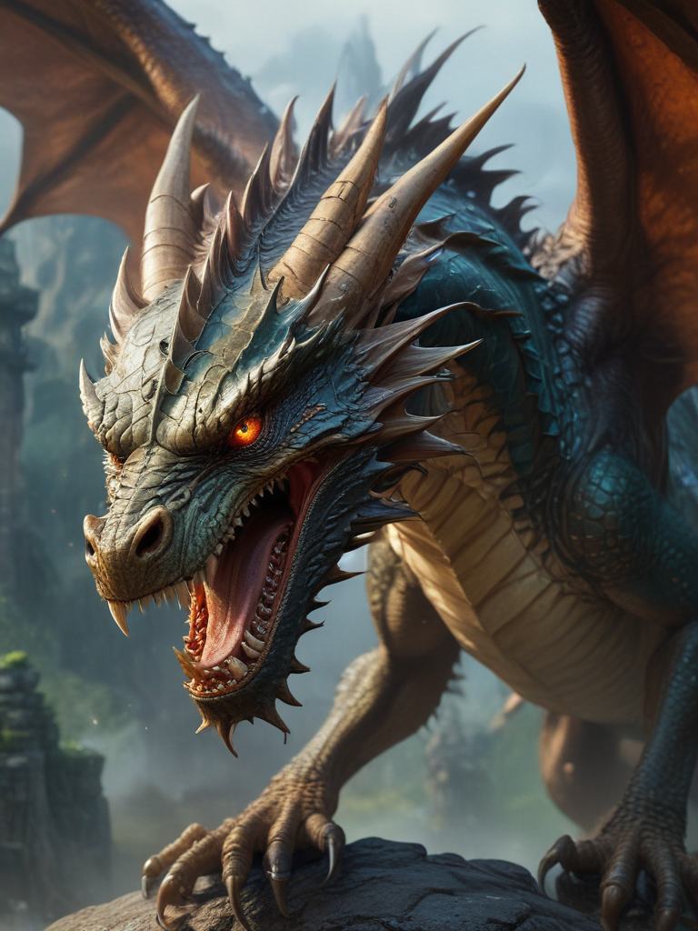 A Majestic Dragon Roaring Fiercely in a Mystical Fantasy Landscape.