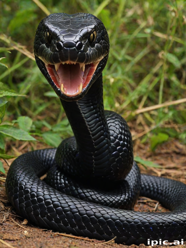 A Majestic Black Snake Displaying Its Teeth in a Lush Green Environment.