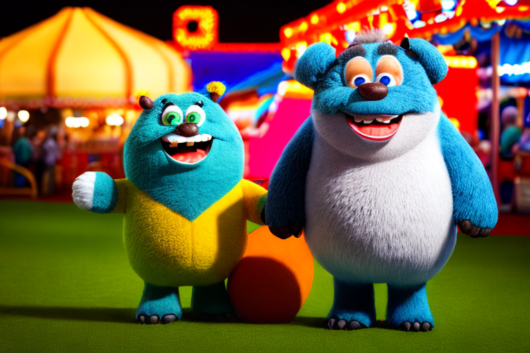 fluffy cute fat monster with horns in a fairground at night