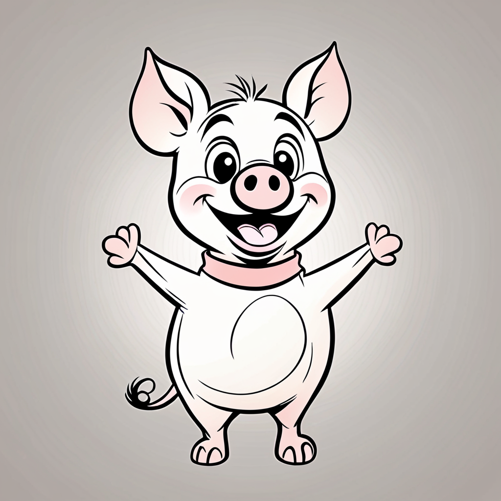 simple line drawing of cartoon Pixar style happy, funny, excited piglet ...