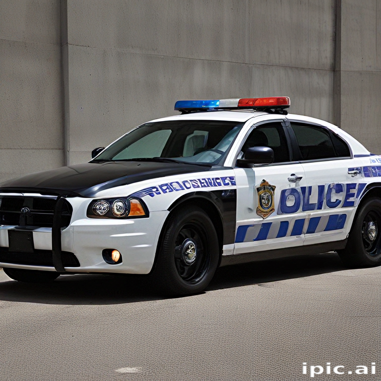 Police Vehicle with Bright Lights and Bold Markings Parked on Urban Street.