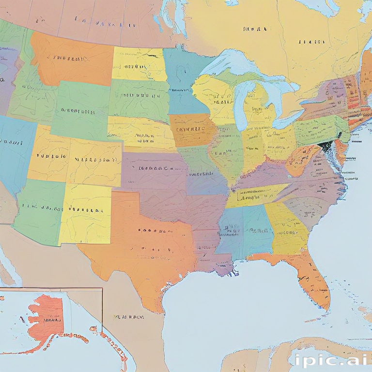 Colorful Map of the United States Highlighting State Borders and Names