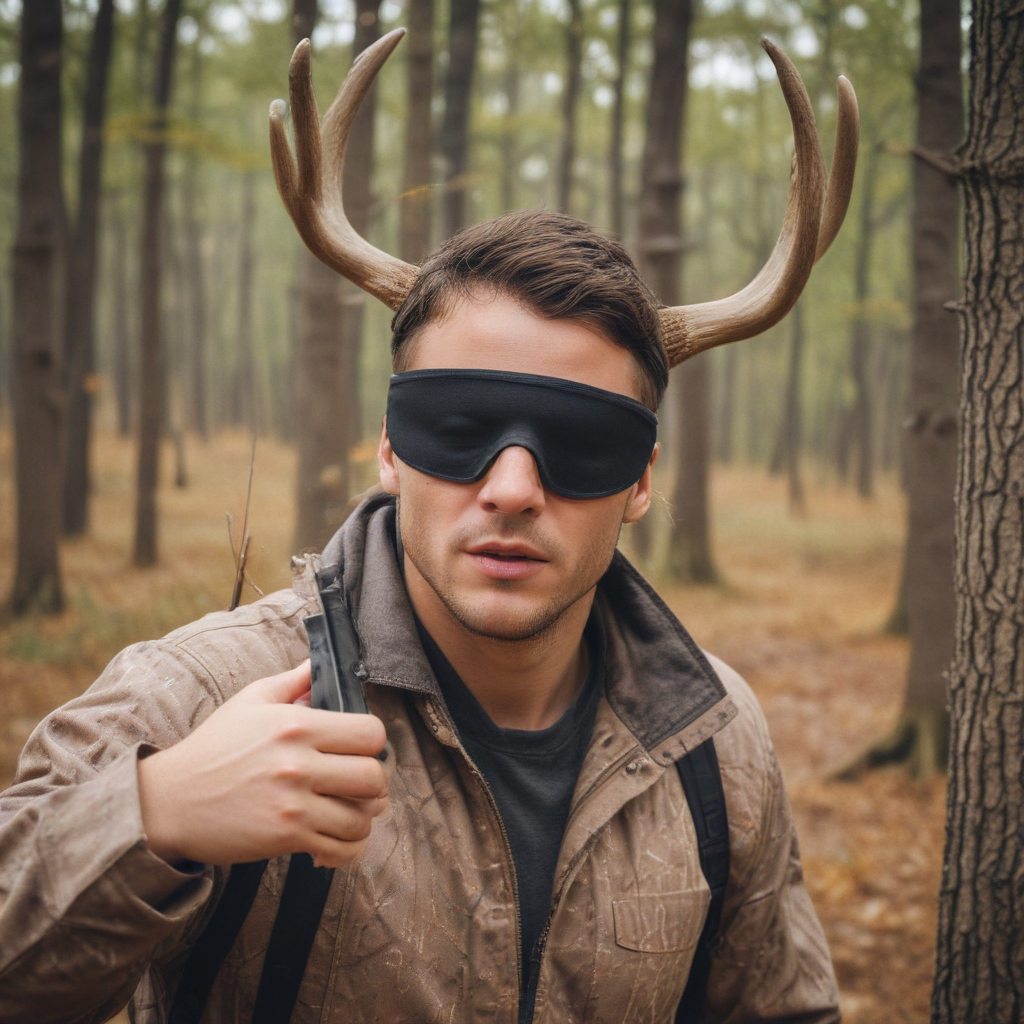 Frustrated guy hunting deer with blindfold on
