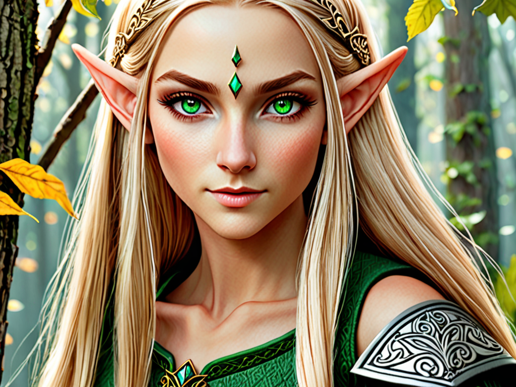 Wood Elf girl with, green eyes, long blonde hair, elven fabric clothing ...