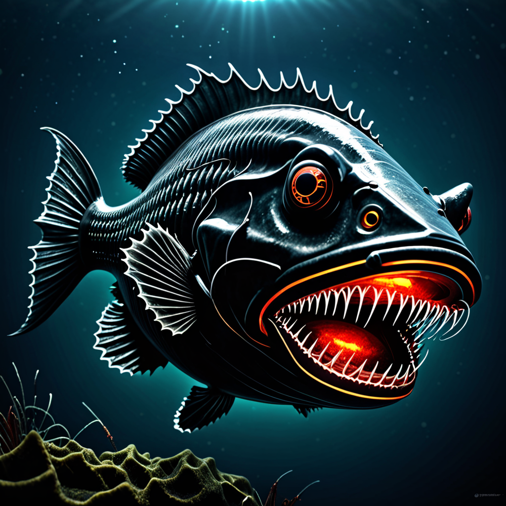 realistic scary huge teeth angler fish illuminated by it's lure ...