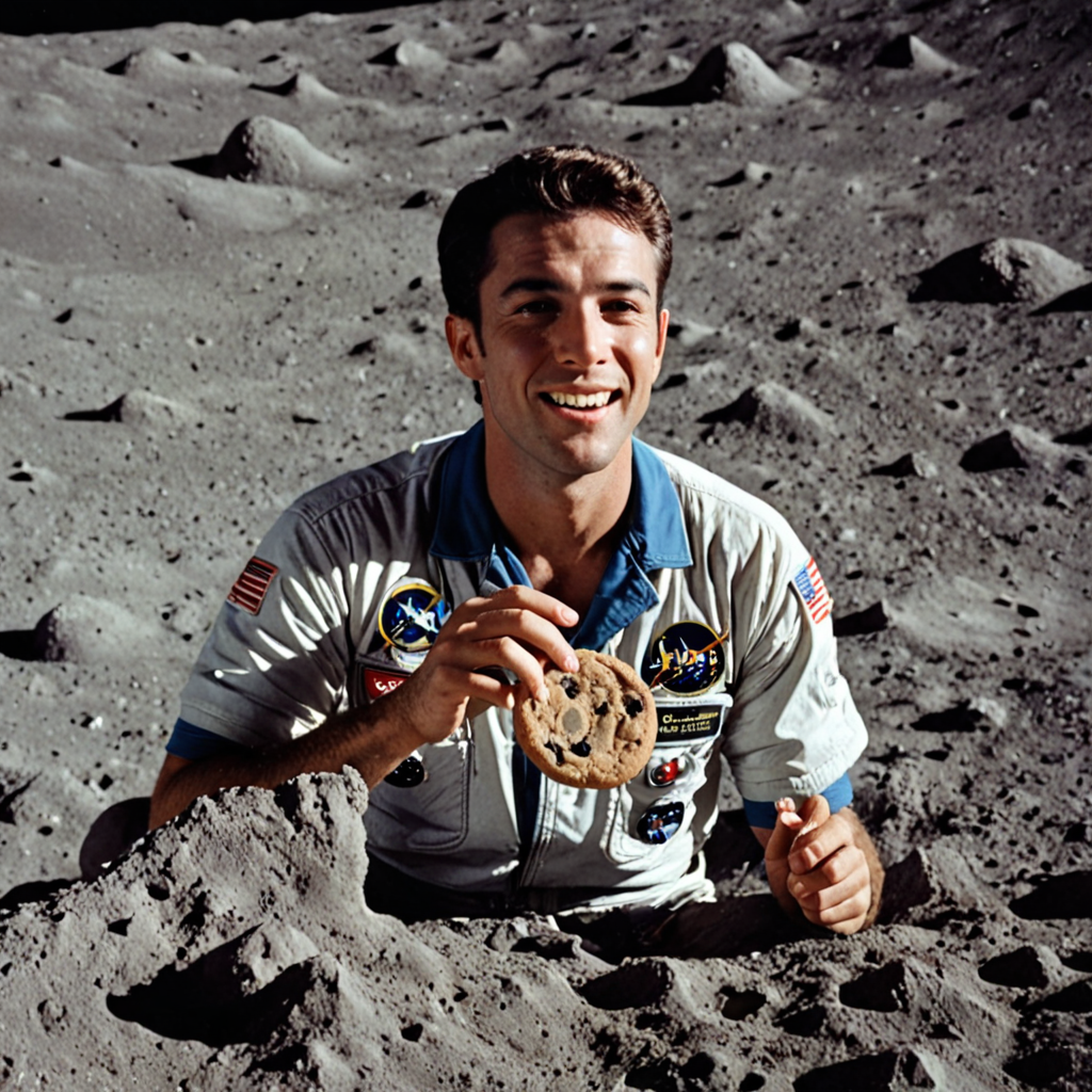 man eating cookie on the moon
