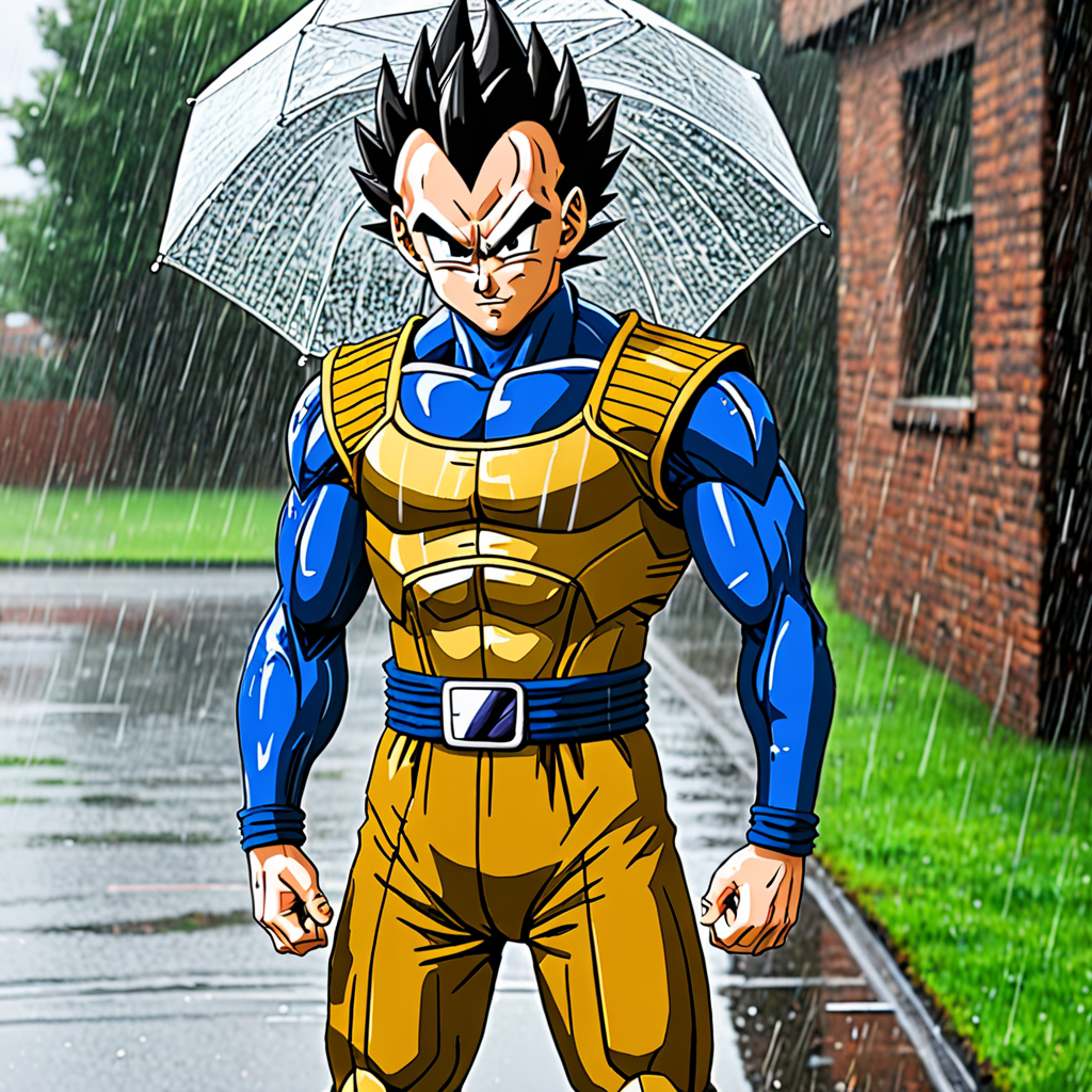 vegeta from dragon ball standing in the rain