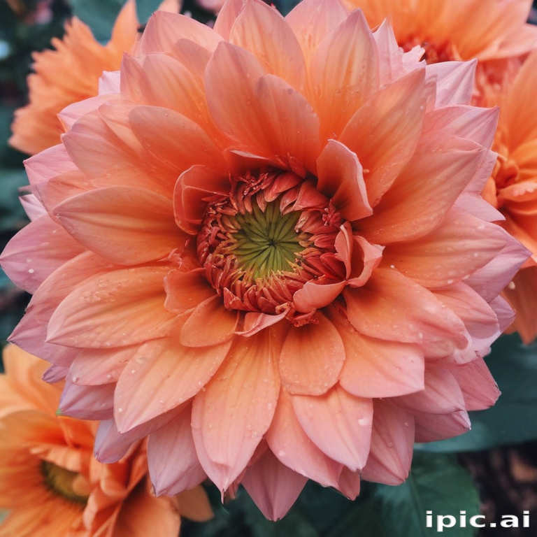 Beautiful Close-Up of a Vibrant Peach Dahlia Flower with Dew Drops