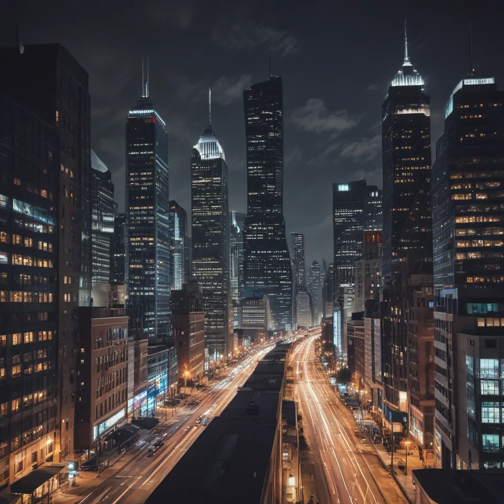 Stunning Nighttime Cityscape Showcasing Skyscrapers and Busy Urban Streets.