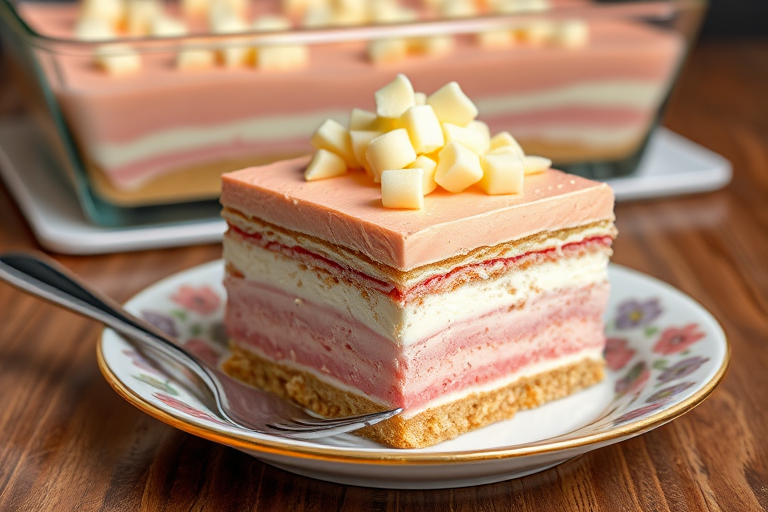Delicious Layered Dessert with Creamy Frosting and Fresh Fruit Topping.