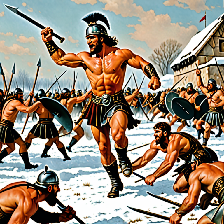 A barbarian attacking a legion of the roman empire in a snow landscape