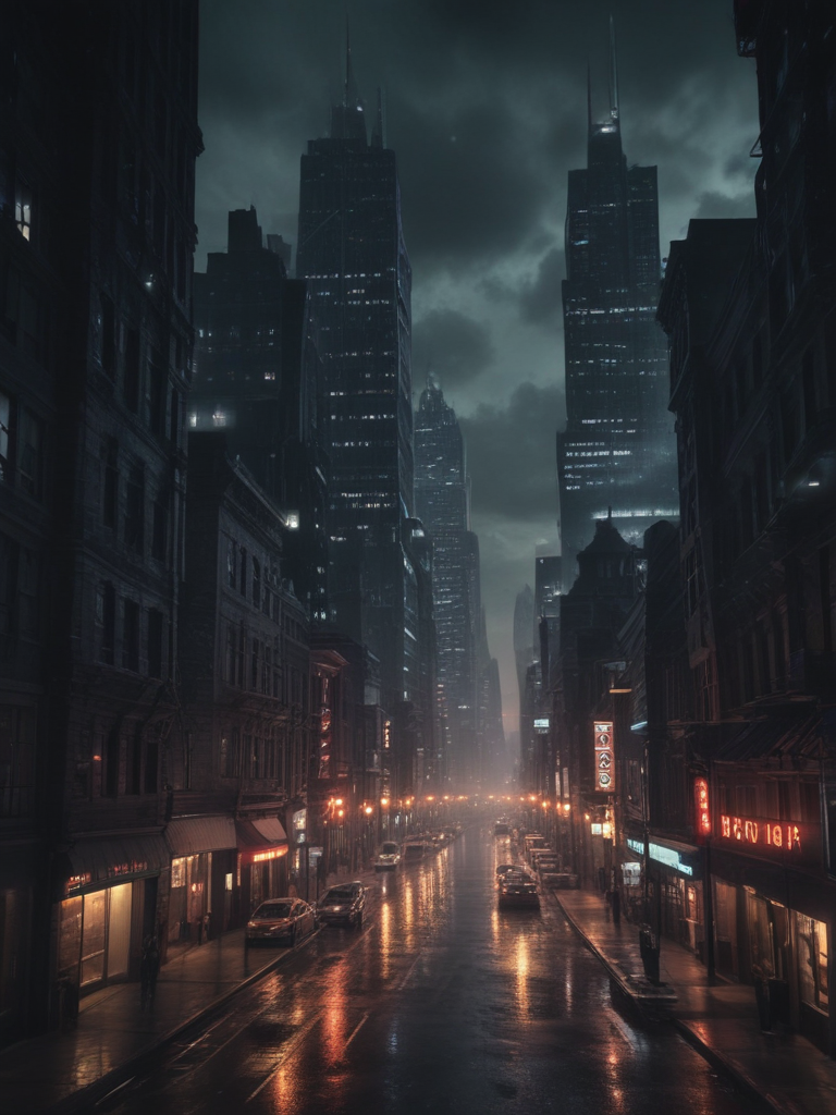 An Atmospheric Night Cityscape with Glowing Lights and Rain-soaked Streets
