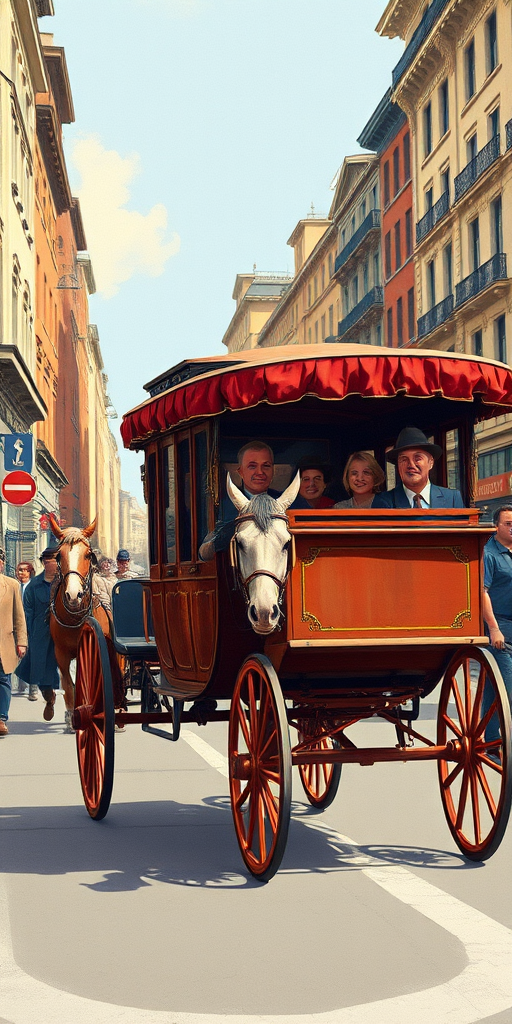 A Vintage Horse-Drawn Carriage Traveling Through a Bustling City Street ...