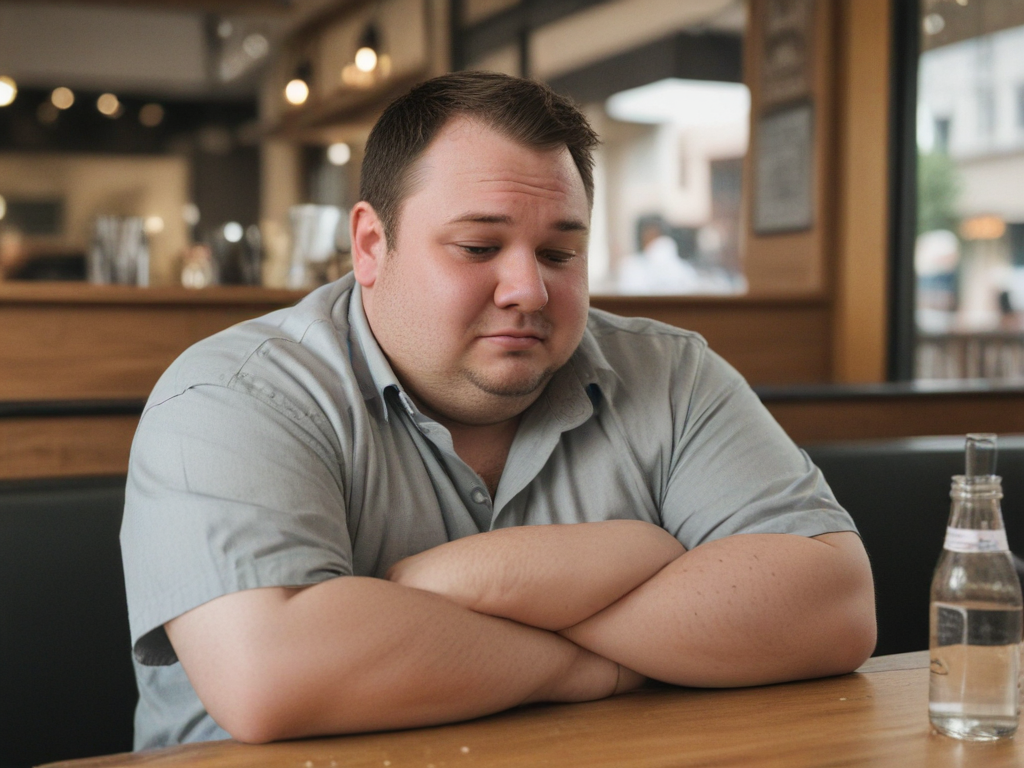 crying fat man alone at a restaurant