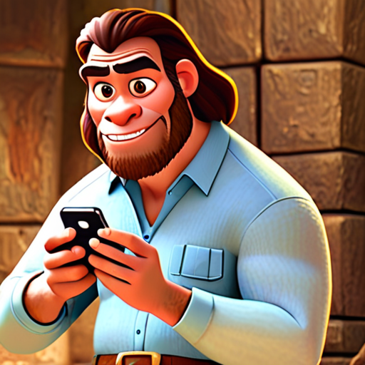 Animation style Disney Pixar films, of a caveman playing with a cell ...