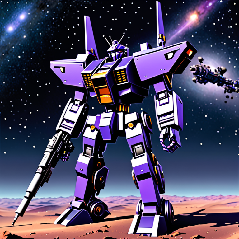 An imposing giant robot, with a deep shade of purple, emerges in the ...