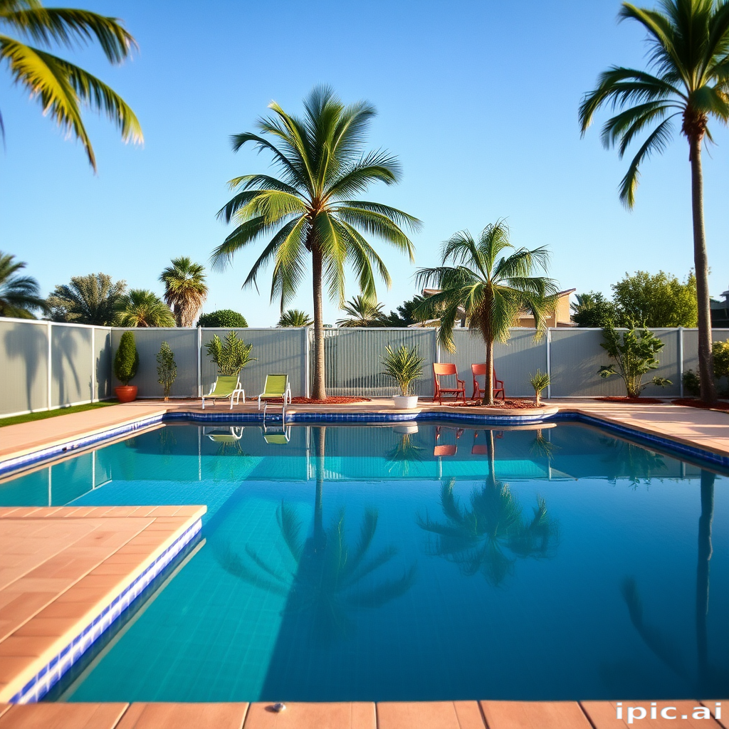 Tranquil Swimming Pool Surrounded by Lush Palm Trees on a Sunny Day