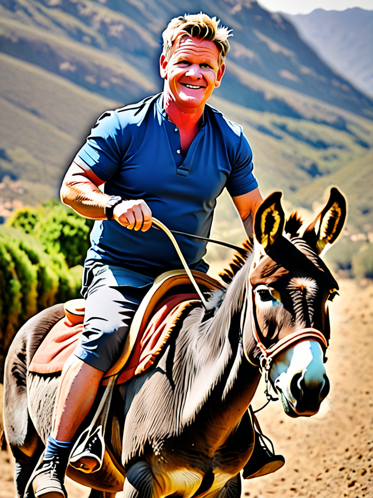 Gordon Ramsay riding a donkey
