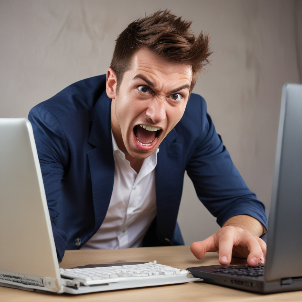 Create a image of a man raging at his computer.
