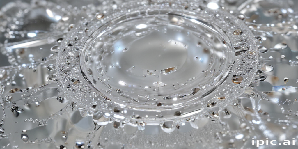 Intricate Close-Up of a Crystal Surface with Water Droplets and Reflections