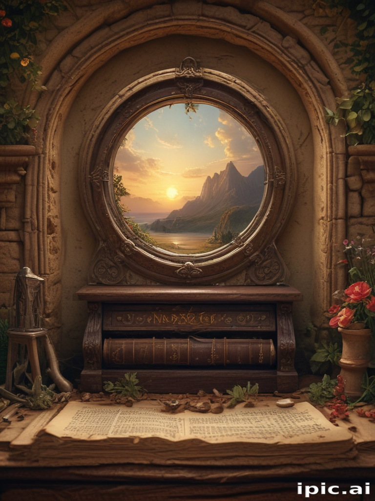 A Scenic Sunset Through an Ornate Window Surrounded by Nature's Beauty