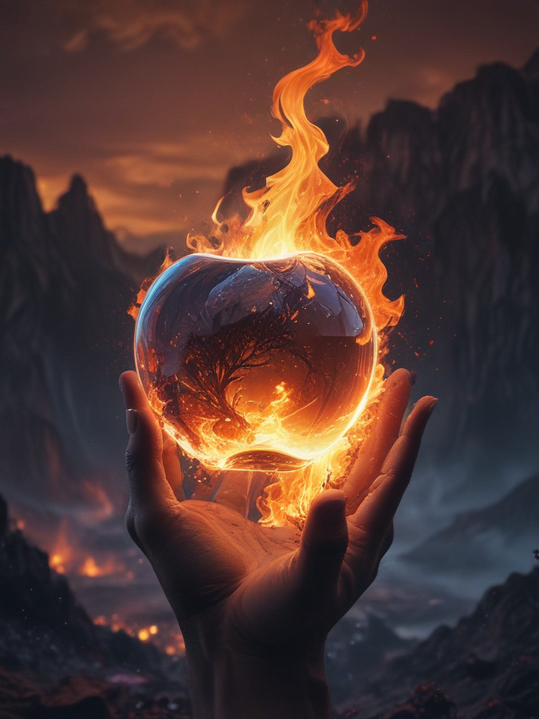 A Mystical Hand Holding a Fiery Glass Apple in a Dramatic Landscape