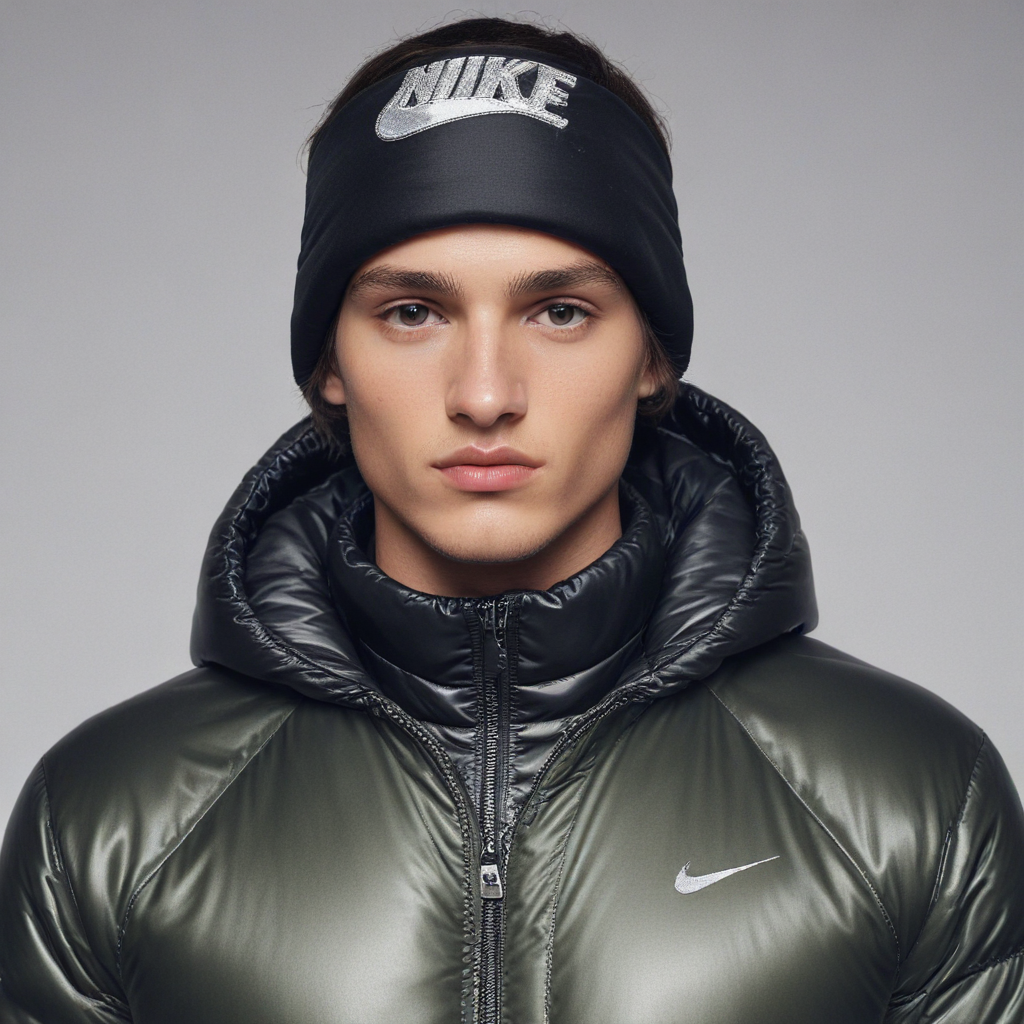 Male supermodel nike shiny puffer jacket bling jewellery hood headband