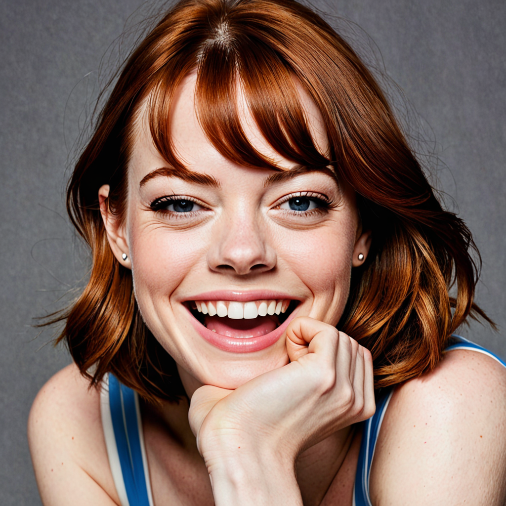 Youthful Emma Stone, muscles, laughing