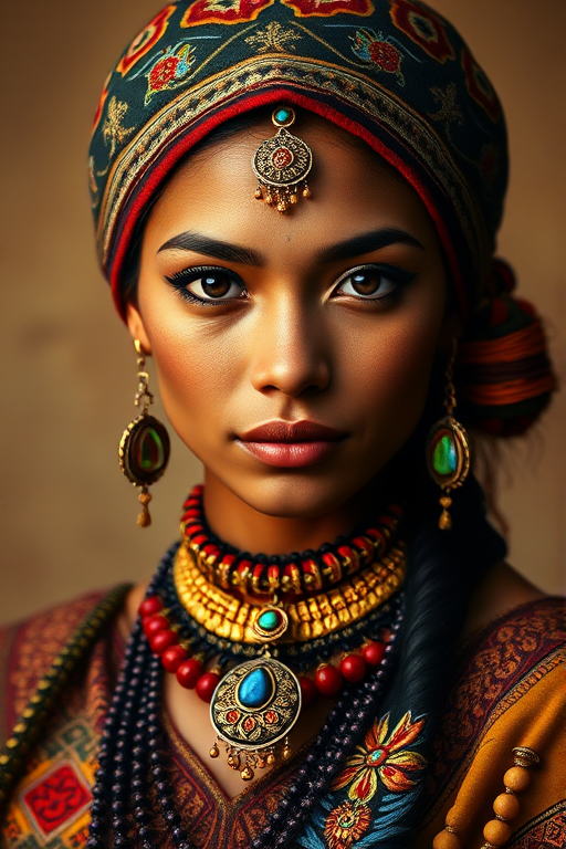 Exquisite Portrait of a Woman Adorned in Traditional Cultural Jewelry ...