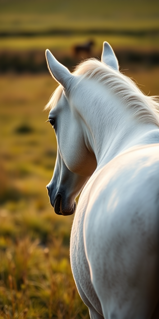a close-up of a white horse looking back over its shoulder in a grassy ...