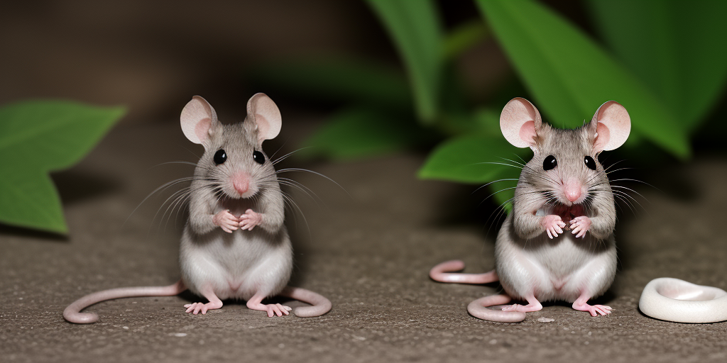 Two Adorable Mice Sitting Together Among Green Leaves in Nature.