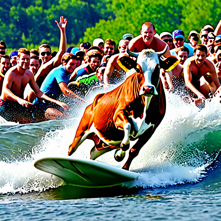 A cow surfing on a wave of humans