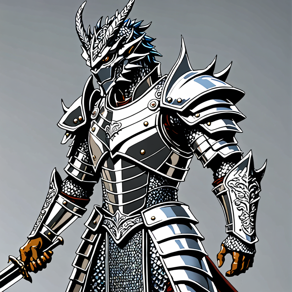 a half-dragon man with metal armor and a sword in anime style